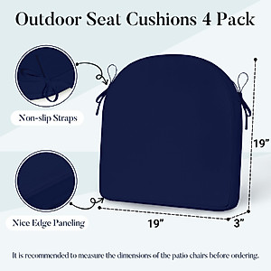 Basic Beyond Patio Chair Cushions for Patio Chairs, 19 x 19 Outdoor Chair Cushions Set of 4 Waterproof Outdoor Seat Cushions for Outdoor Chairs with Handle and Attached Straps, Navy Blue