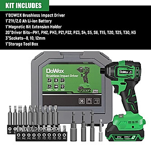 DOWOX 2035 In-lbs Powerful Impact Driver Kit, 21V MAX*Brushless Cordless Impact Driver, 1/4" Hex Chuck, 4-Speed, 24 PCS Screwdriver Bits & Sockets, for Repairs, Long Rusted Screws or Frozen Bolts