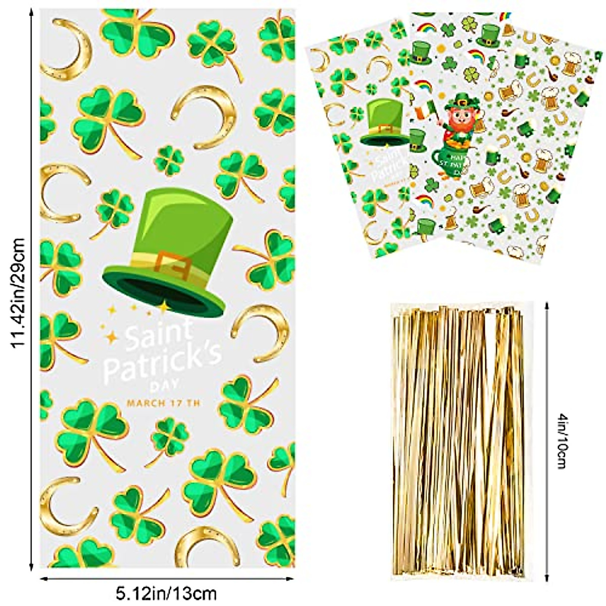SPERPAND 120Pcs St. Patrick's Day Cellophane Gift Bags, Clear Clover Candy Goodie Bags for Saint Patrick's Day Party Favors