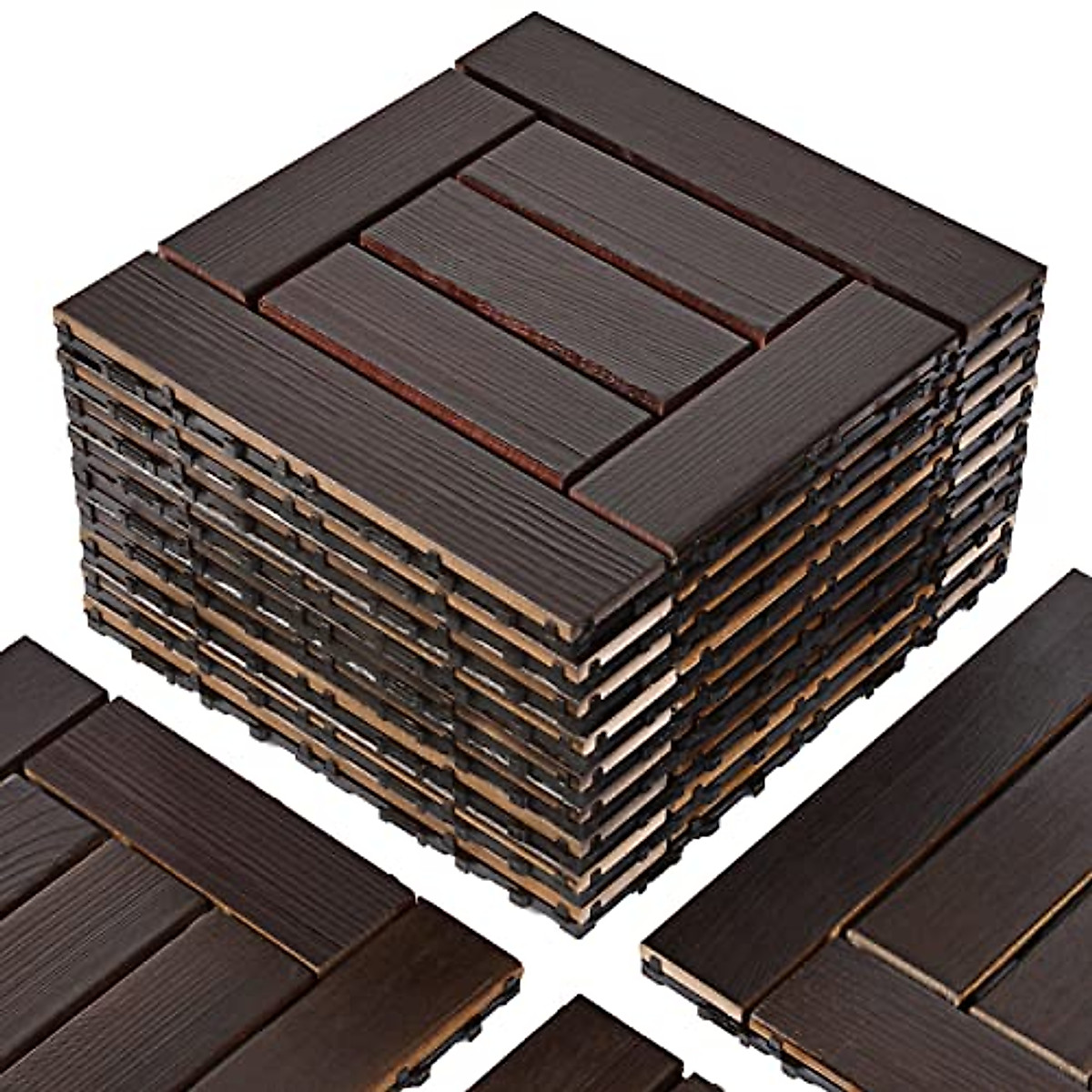 VANCASTLE 9PCS Wood Interlocking Deck Tiles 11.8"x11.8", Patio Flooring Outdoor Waterproof All Weather Use, Wood Flooring for Patio Garden Poolside Front/Back Yard, Espresso-Checked