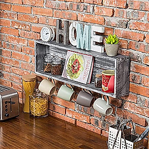 MyGift Wall Mounted Distressed Grey Solid Wood Wall Mug Holder Rack and Display Shelf with 4 Hooks, Coffee Cup Hanging Rack Bar Accessories and Storage