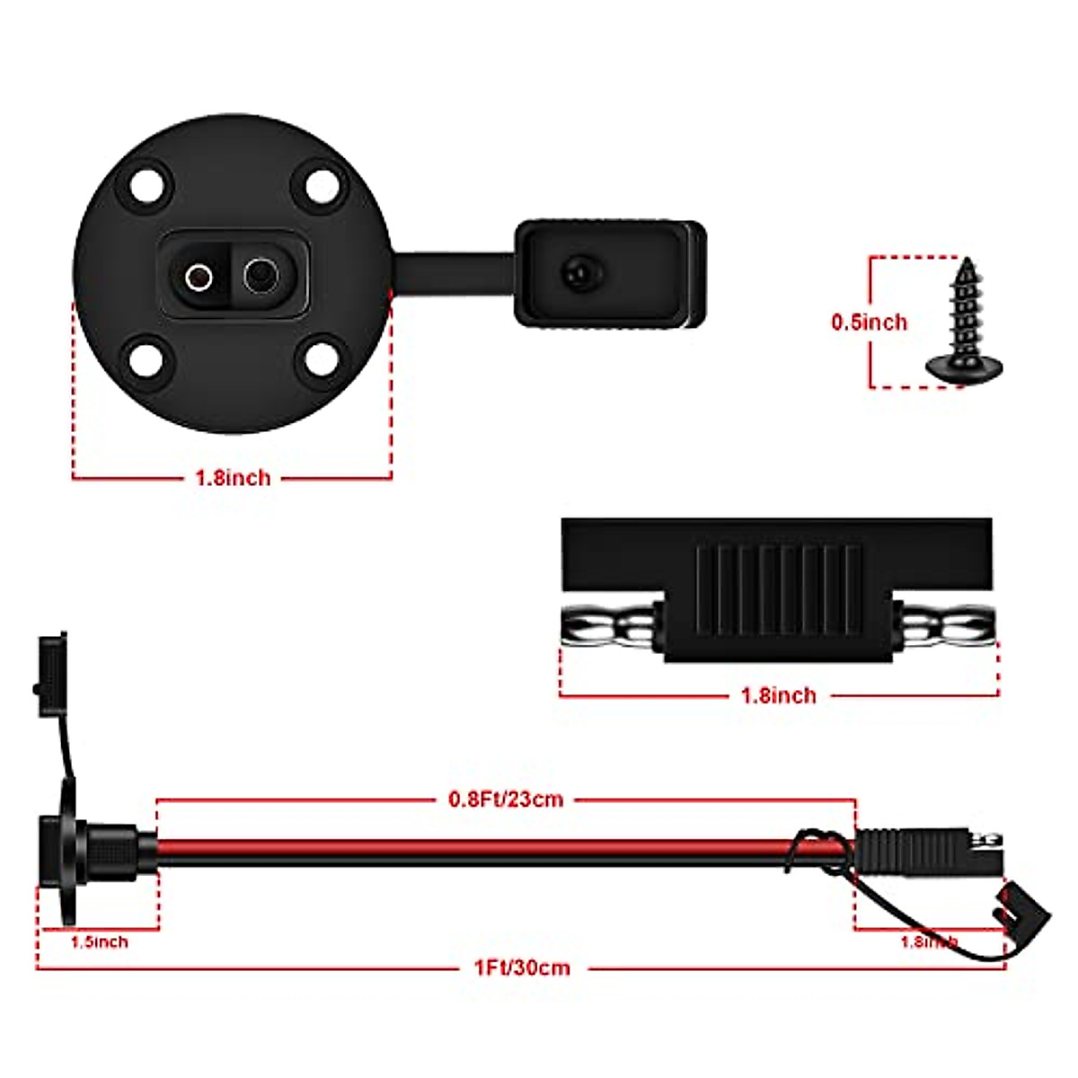 SAE Cable - iGreely 2Pack Solar Weatherproof SAE Socket Sidewall Port, SAE Quick Connect Solar Panel Mount for Motorcycle Generator Battery Charger and More 1Ft/30cm