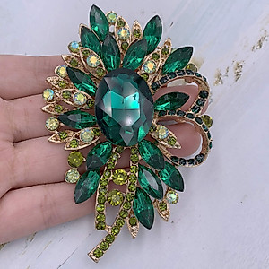 SELOVO Huge Big Large Flower Bow Brooch Decoration Green Scarf Pin Gold Tone