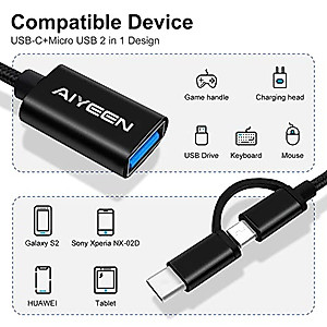 AIYEEN USB-C/Micro to USB Adapter, 2-in-1 USB 3.0, OTG Adapter Cable, Compatible with MacBook Pro, Android, Google, Samsung, and More, Black