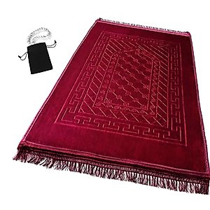 Prayer Rug Muslim Mat Islamic - Thick Prayer Rug Sajadah for Kids Men Women with Islam Prayer Beads for Eid Travel Ramadan, Soft and Luxury (Red)