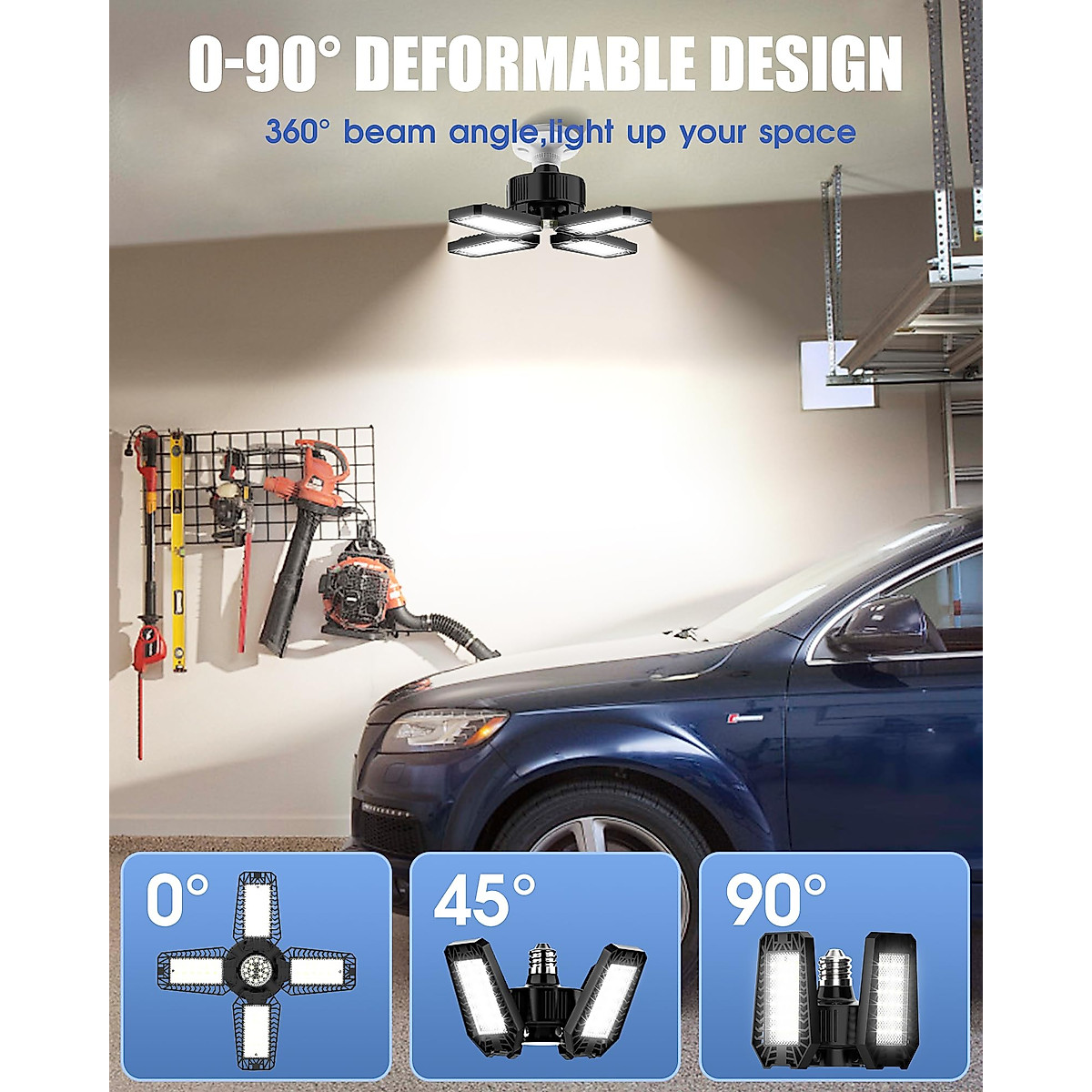 HAPYLUMI 120W LED Garage Light - 12000LM Garage Lights Ceiling Led with 4 Adjustable Panel Garage LED Lighting Screw in E26/E27 Bulb Socket 6500K LED Shop Light for Garage Basement Attic Barn