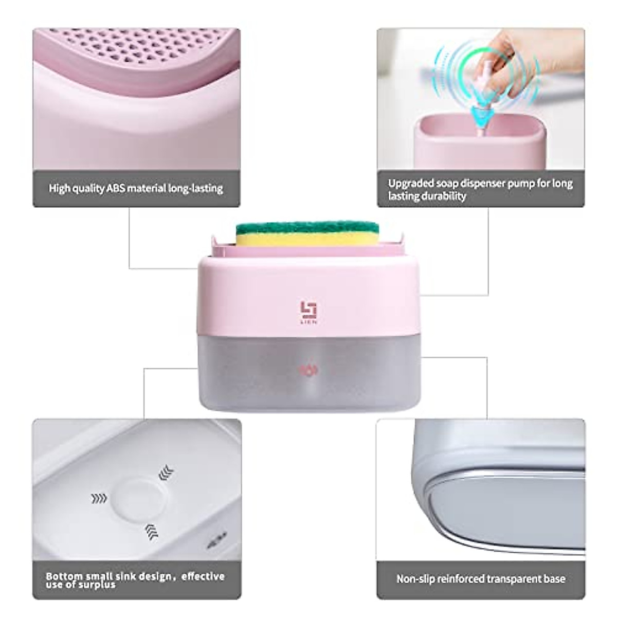 LIEN Dish Soap Dispenser Pump and Sponge Holder, 2 in 1 Dish Washing Soap Dispenser Caddy for Kitchen, 10.5 Ounces (Sakura Pink)