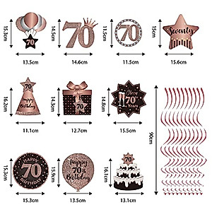 Happy 70th Birthday Party Hanging Swirls Streams Ceiling Decorations, Celebration 70 Foil Hanging Swirls with Cutouts for 70 Years Old Rose Gold Birthday Party Decorations Supplies