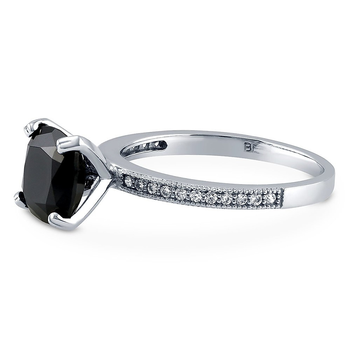 BERRICLE Sterling Silver Solitaire 3 Carat Black Cushion Cut Cubic Zirconia CZ Fashion Ring for Women, Rhodium Plated Size 7