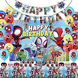 56PCS Spidey and His Amazing Friends Party Supplies,Spidey Happy Birthday Party Supplies Include Banner,Tablecloths,Masks,BackDrop, Ballon, Cake Topper and Cupcake Topper,Birthday Party Supplies Decorations for Boys and Girls