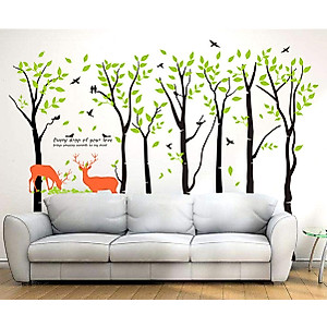 Mix Decor Tree Wall Decal - 7 Trees Wall Sticker Large Family Forest for Livingroom Kid Baby Nursery Room Deer Wooland Decoration Party Birthday Gift,118x83 Inch Black + Green