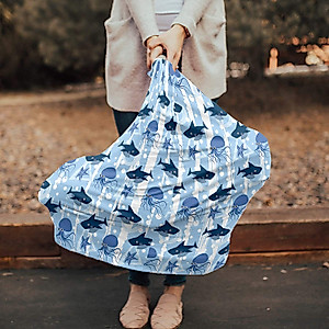 Nursing Cover for Breastfeeding Scarf Super Soft Cotton Multi Use for Baby Car Seat Covers Canopy Shopping Cart Cover Blanket Stroller Cover-Ocean Themed Fish Shark Octopus Starfish