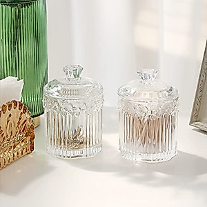 rejomiik 2 Pack Qtip Holder Glass Apothecary Jars with Lids Bathroom Accessories Vanity Organizers and Makeup Storage Canister for Cotton Ball, Cotton Swab, Floss, Candy, Clear