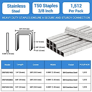 meite T50 Stainless Steel Staples, 3/8 Inch Heavy Duty 304 Stainless Steel Staples for Staple Gun - 1512 Counts, T50 Staple Gun Staples, 20 Gauge 3/8 Inch Crown Upholstery Staples