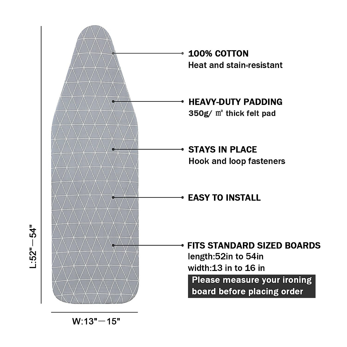 Ironing Board Cover and Pad Standard Size 15 x 54,3 Pairs of Hook and Loop Fastener Straps,Elastic Edges,Cotton Iron Board Cover with Scorch Resistant Thick Padding (Pattern G)
