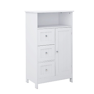 Knocbel Bathroom Floor Storage Cabinet with 3 Drawers, Open Compartment and Single Door, Free Standing Bath Organizer Unit, 23.6" W x 11.8" D x 39.6" H (White)