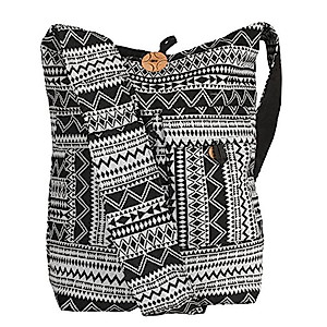 Tribe Azure Large Hobo Crossbody Sling Shoulder Bag Compartment Pockets Functional Zipper Travel Market Books Blanket (Black White)