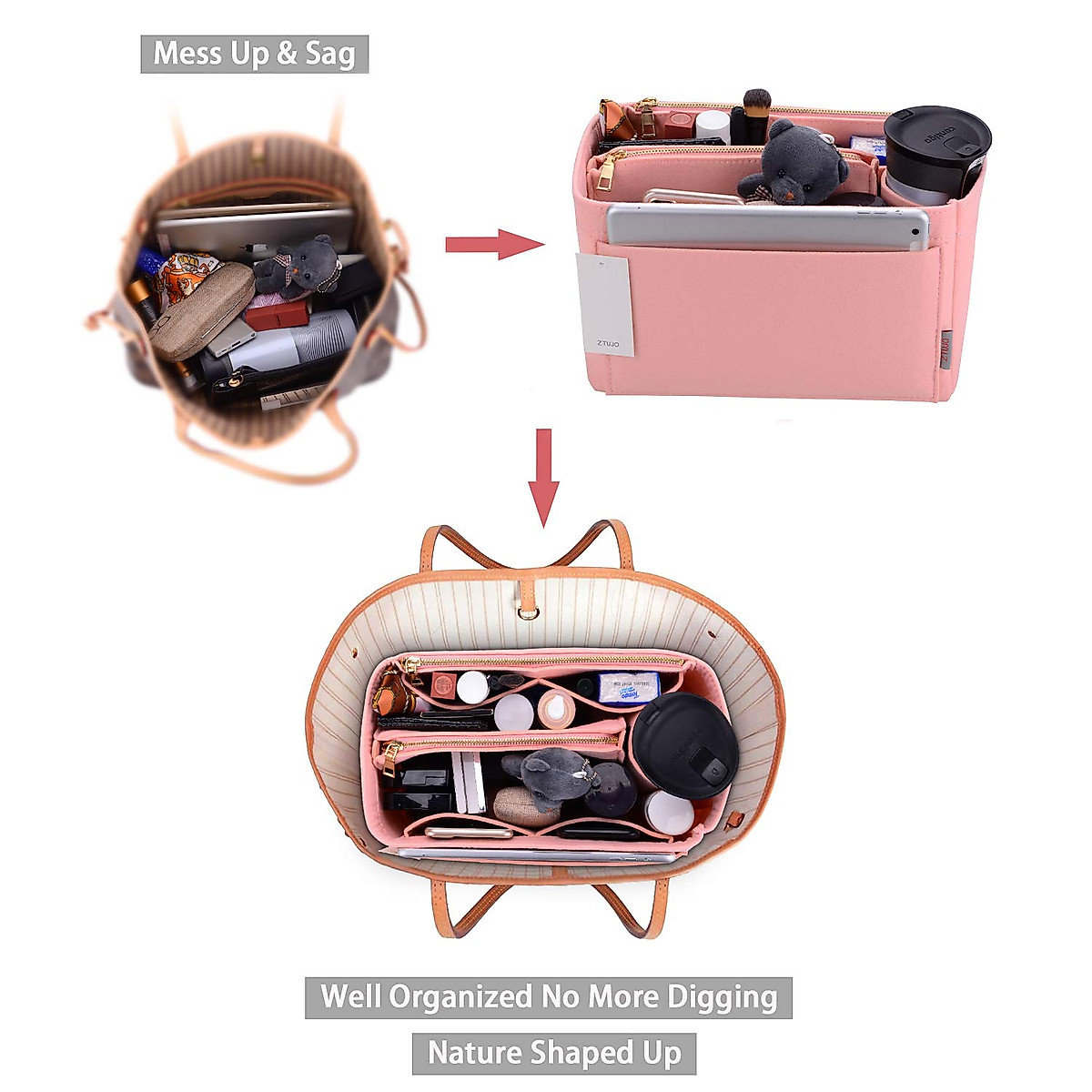 ZTUJO Purse Organizer, Felt Bag Organizer Purse Organizer Insert For Speedy, Neverfull, Graceful, Neverfull,Tote, Handbag,Shaper (Medium, Brush Pink)