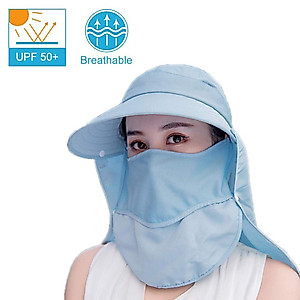 Sun Hats for Women Wide Brim UV Protection Visor UPF 50+ Fishing Hats Foldable Ponytail Summer Hat with Detachable Flap Beige