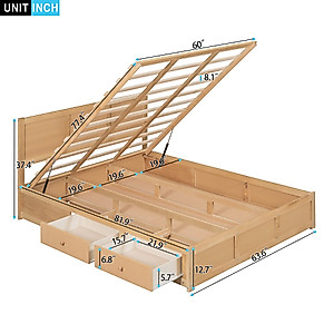Bellemave Queen Wood Platform Bed Frame with Headboard, Underneath Storage and 2 Drawers, No Box Spring Needed, Easy Assembly, Natural Wood Color