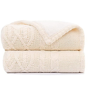 RECYCO Acrylic Cable Knit Sherpa Throw Blanket for Couch, Thick Super Soft Cozy Knit Blanket Sweater Style Sherpa Knitted Throw Blankets for Bed Sofa Chair, 50 x 60 Inches, Cream White