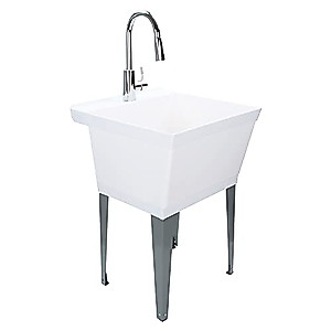 JS Jackson Supplies White Utility Sink Laundry Tub with High Arc Chrome Faucet, Pull Down Sprayer Spout, Heavy Duty Slop Sinks for Basement, Garage, or Shop, Free Standing Wash Station