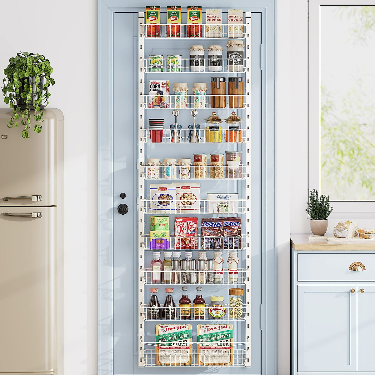 1Easylife Over the Door Pantry Organizer, 10-Tier Adjustable Baskets Pantry Organization, Metal Door Shelf with Detachable Frame, Space Saving Hanging Spice Rack for Kitchen Pantry Bathroom, Off White