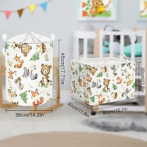 Clastyle Cute Woodland Animals Shelf Basket Bear Fox Squirrel Fir Tree for Nursery Storage Bin Rectangle Clothes Books Toy Storage Cube, 36L