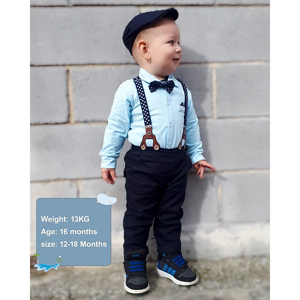 YALLET Baby Boy Clothes Set Infant Tuxedo Long Sleeve Gentleman Suit Outfits + Beret Hat + Suspender Pants + Bowtie 0-18M