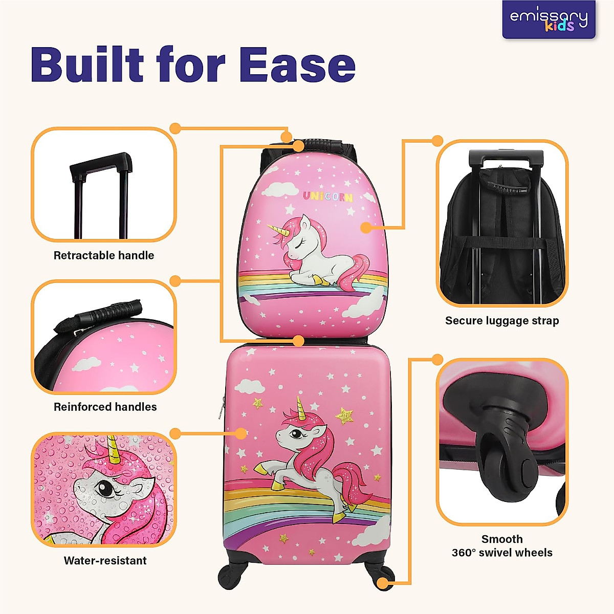 emissary Kids Luggage With Wheels For Girls, Unicorn Kids Luggage Set, Childrens Luggage For Girls With Wheels, Kids Suitcases With Wheels For Girls, Toddler Suitcase For Girls, Travel Luggage For Kid