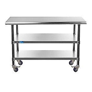 Stainless Steel Work Table with 2 Shelves with Casters | Metal Utility Table | Commercial & Residential NSF Utility Table (Stainless Steel Table with 2 Shelves, 30" Long x 14" Deep)