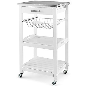 IFANNY Kitchen Island Cart, White Rolling Cart with Stainless Steel Table Top, Drawer, Metal Baskets & Wooden Tray, Wood Storage Cart on Wheels, Modern Serving Cart for Restaurant, Hotel