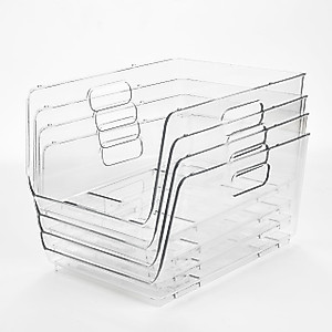 TidyFriend Plastic Stackable Bins for Pantry, 4 Pack Stacking Bins Open Front, Toy Organizers, Kitchen, and Bathroom Essentials (Clear- Hole Handle)