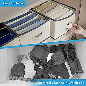 Baesyhom 6 Pcs Large Size Wardrobe Clothes Organizers 6 Grids for Pants, Jeans, Sweater, T-shirt, Thin Coat, Dress Stackable Closet Drawer Organizer Storage Bin with Sturdy Handles, Grey & Beige