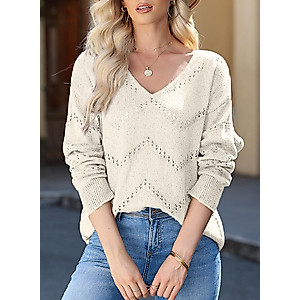 EVALESS Fall Sweaters for Women 2024 Knit Top Long Sleeve White Sweaters Blouses for Women Dressy Casual Sexy Summer Sweaters for Women Lightweight Outfits Clothes Sexy V Neck Crochet Tops, Medium