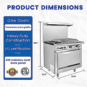 WMAOT 36" Commercial Range with 2 Burner 4.8 Cu.Ft Electric Oven 24" Griddle 35000 BTU Manual Natural Gas Range for Commercial Kitchen Restuarant Bar