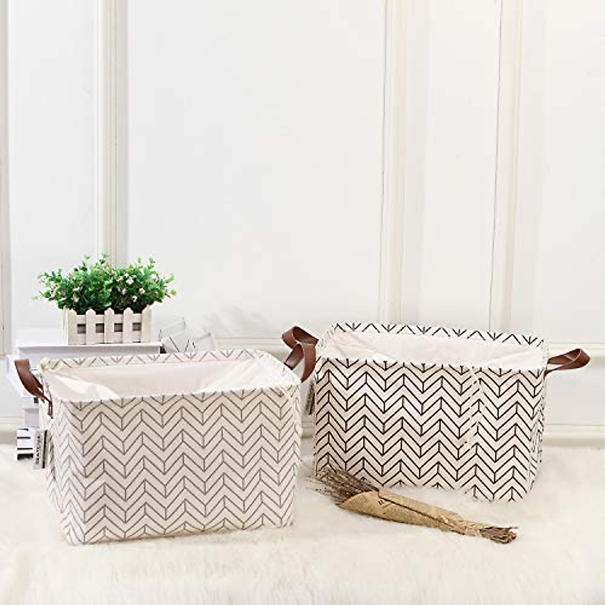 Sea Team Modern Arrowhead Pattern Canvas Fabric Storage Basket Collapsible Geometric Design Storage Bin with Drawstring Cover and PU Leather Handles, 16.5 by 11.8 inches, Waterproof Inner, Grey