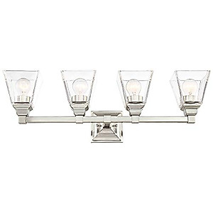 Regency Hill Mencino Mid Century Modern Wall Light Satin Nickel Silver Metal Hardwired 28" Wide 4-Light Fixture Clear Glass Cone Shade for Bathroom Vanity Mirror House Home Room Decor