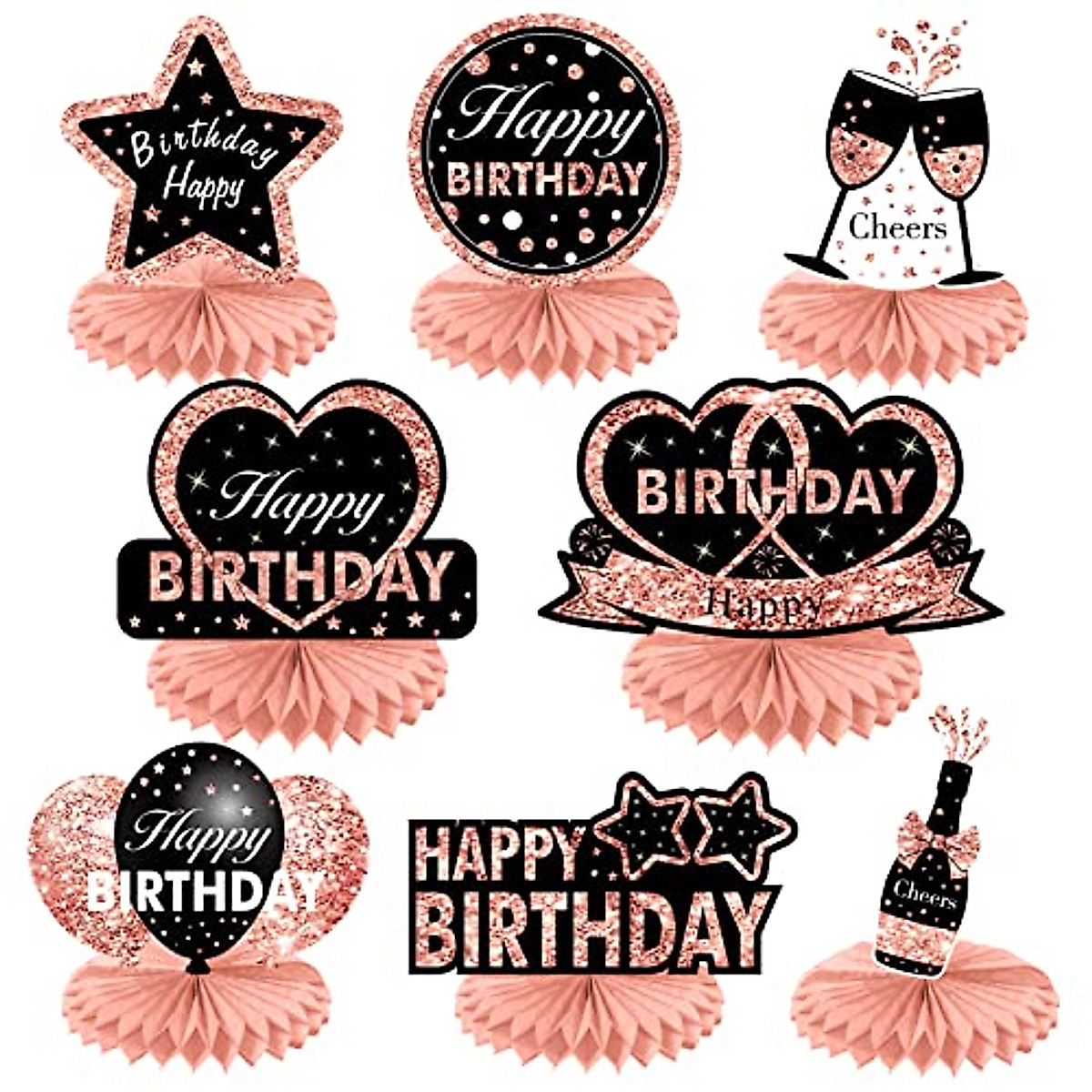 Rose Gold Birthday Decorations Table Honeycomb Centerpiece, Happy Birthday Table Party Supplies for Women, Sweet 16 21st 30th 40th 50th 60th Birthday Theme Table Topper Sign Decor