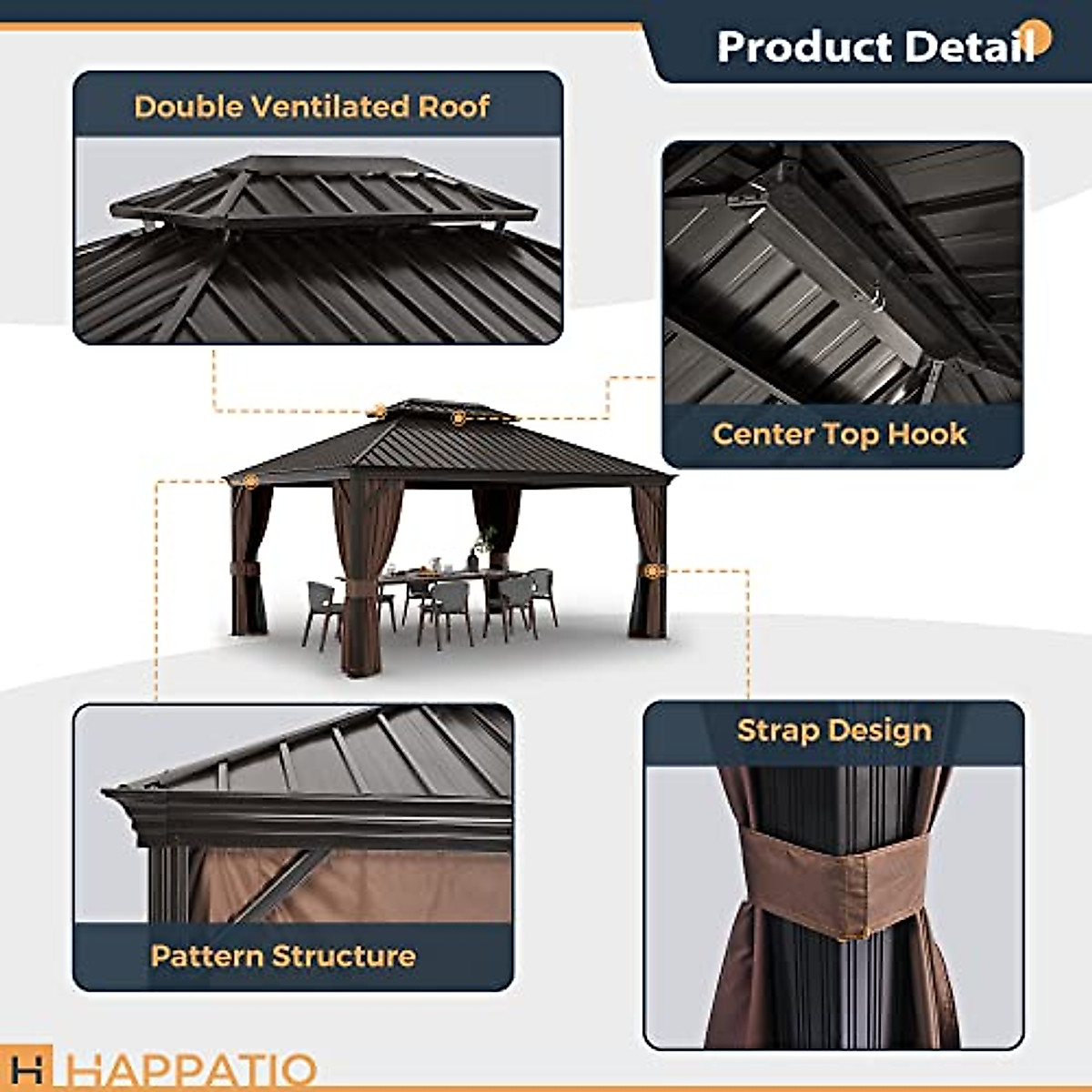 HAPPATIO 12' x 16' Hardtop Gazebo, Galvanized Steel Patio Double Roof Aluminum Gazebo with Curtains and Netting, Metal Permanent Pavilion Outdoor Gazebos for Patios, Gardens (Brown)