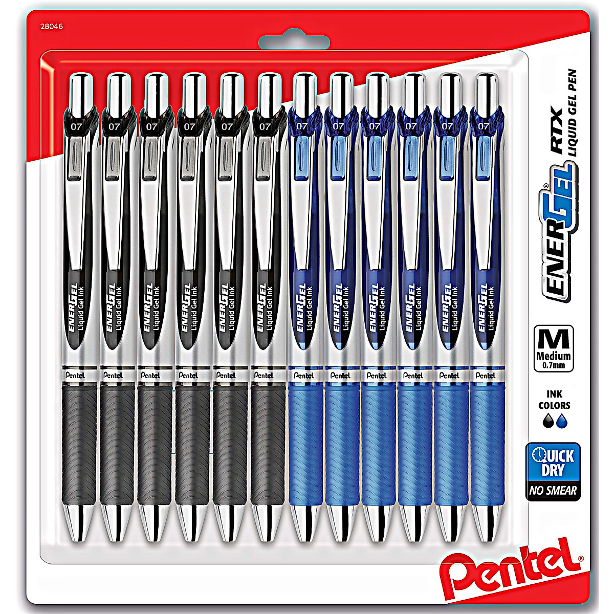 Pentel EnerGel 0.7 mm RTX Retractable Liquid Gel Pen, Bulk Combo Pack of 6 BLACK INK & 6 BLUE INK metal (Total of 12 Deluxe Pens in box) Medium Line, Metal Tip pens