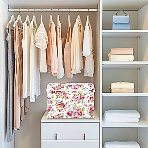 Kigai Floral White Storage Basket with Lid Collapsible Storage Bin Fabric Box Closet Organizer for Home Bedroom Office 1 Pack