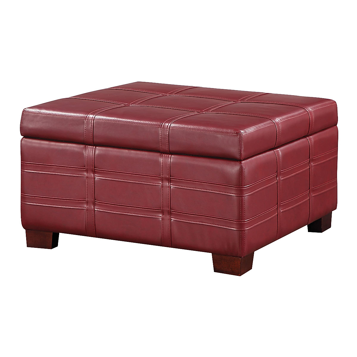 OSP Home Furnishings Detour Strap Square Storage Ottoman with Tray and Solid Wood Legs, Crimson Red Faux Leather