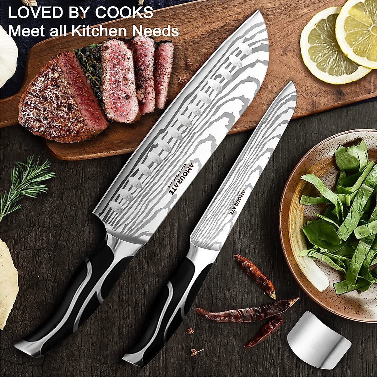 Santoku Knife Ultra Sharp Kitchen Chef Knife Set, Professional Japanese Knife Made of German High Carbon Steel ,7-Inch chopping Knife with Finger Guard, Ergonomic Handle, Comes with Gift Box (2PCS)