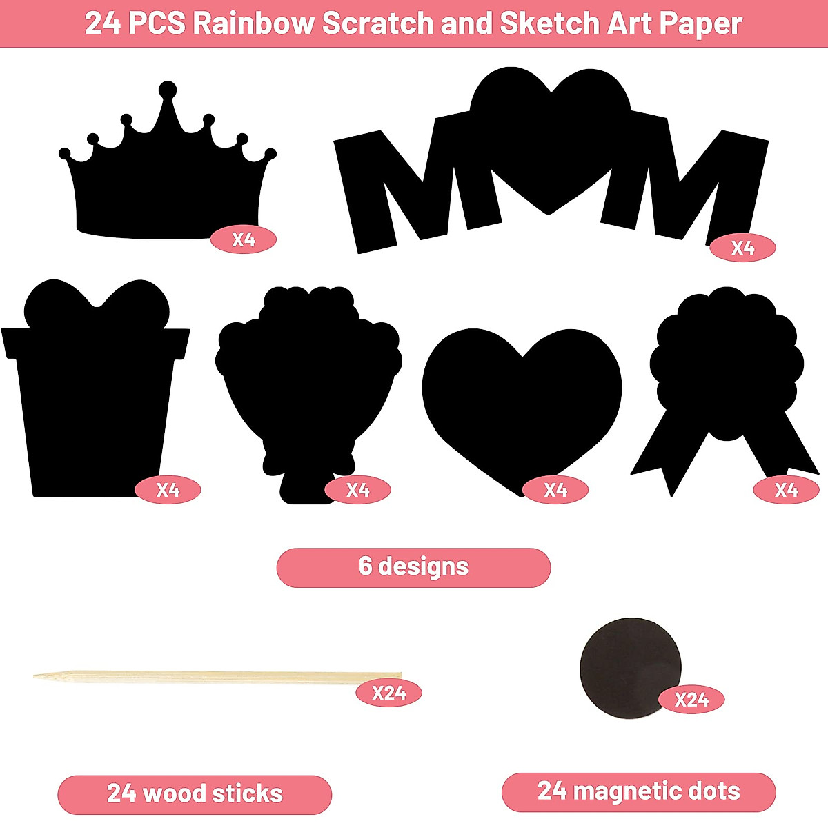 Fancy Land Mothers Day Scratch Crafts Kit for Kids Scratch and Sketch Art Paper Magnet Ornaments 24 Pcs