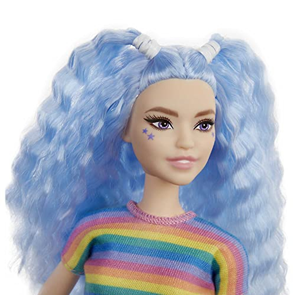 Barbie Fashionistas Doll with Long Blue Crimped Hair, Star Face Makeup, Multi-color Striped Tee, Denim Skirt, Black Boots & Silvery Chain Belt, Toy for Kids 3 to 8 Years Old