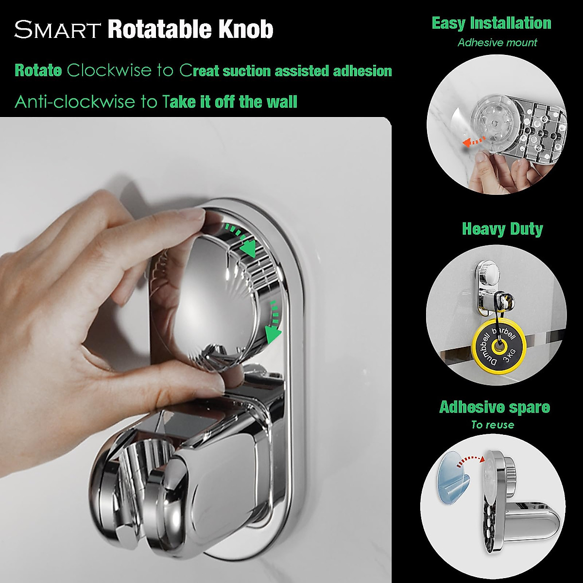 Wall Mount Handheld Shower Head Holder - 5 Positions Adjustable + 90° downwards - Large Shower Sprayer Fits - Suction Assisted Adhesive - Wide Slot - No Drill Installation - All Chrome Finish