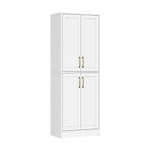 Homzbesy Pantry - Kitchen Pantry Cabinet with 4 Doors and Adjustable Shelves, Tall White Cabinet Freestanding Storage Cupboard for Dining Room Living Room, Laundry, Bathroom