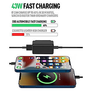 YONZEE Car Charger for Tesla Model 3/Y OBD Power Adapter, 43W Car Charger Cell Phone Fast Charging Dual Port OBD to USB-C Charging Port Car Charger OBD Adapter for Model 3/Y Car Accessories