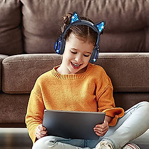 Olyre Stylish Wireless Cat Headphones for Kids with Microphone On-Ears Stereo Foldable LED Cute Kitty Gift Bluetooth Headset, Compatible with Computer Tablet PC iPad Smartphone Laptop, Black